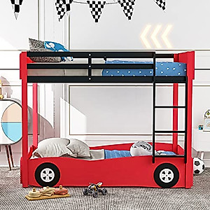 OYN Twin Over Twin Car-Shaped Bunk Bed Frame with Wheels for Children Teens Boys and Girls, Red