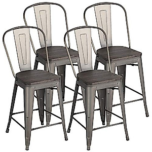 Yaheetech Metal Stools Bar Chairs Stackable Industrial Height Stool Kitchen Chair with Wood Top/Seat and High Back Indoor/Outdoor Bistro Cafe Side Chairs Barstools Set of 4 Gun, Gunmetal