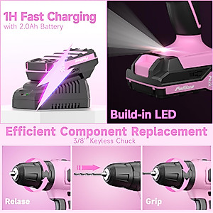 PULITUO 20V Cordless Pink Drill Tool Kit Set Power Drill Tool Box with Battery Electric Drill Driver 238-Piece Lady's Repairing Kit Toolbox Tools Sets