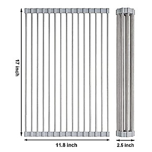 Booreina Over The Sink Dish Drying Rack, Roll up Sink Dish Drainer Rack Multipurpose Foldable Kitchen Stainless Steel Dish Rack Sink Drying Rack (17” x 11.8”)