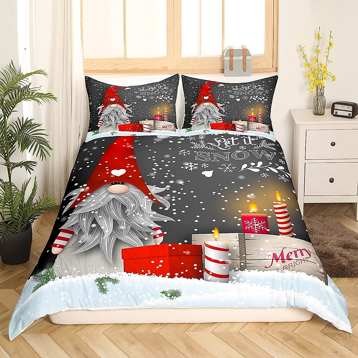 Erosebridal Xmas Bedding Sets Scandinavian Christmas Santa Gnomes Comforter Cover Snowing Santa Claus Bedding Sets for Kids Boys Girls Romantic Candlelight Quilt Cover 3 Pieces Full Size