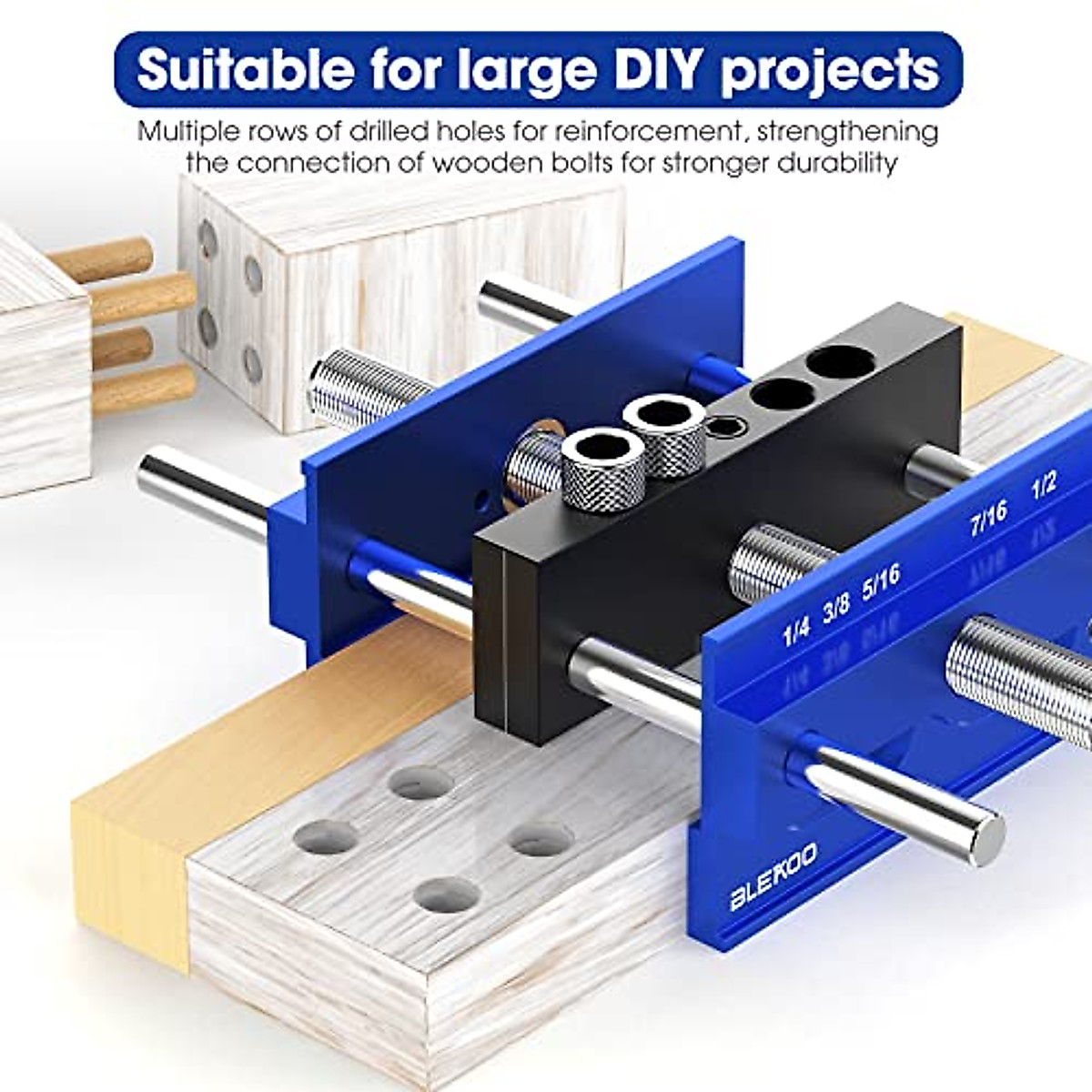 BLEKOO Upgraded 6.7 inch Self Centering Doweling Jig Kit, Drill Jig For Straight Holes Biscuit Joiner Set With 6 Drill Guide Bushings, Adjustable Width Drilling Guide Power Tool Accessory Jigs (Blue)