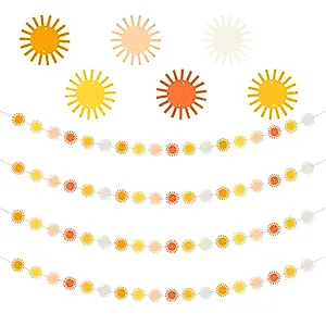 G1ngtar Boho Sun Garland Felt Artificial First Trip Around The Sun String Banner Hippie Boho Muted Sun Party Supplies Aesthetic Indoor Outdoor Party Decoration for Baby Shower Wedding, 4Pcs