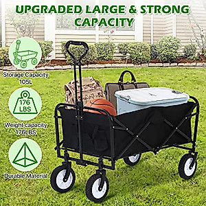 HKLGorg Folding Collapsible Wagon Cart with Wheels Heavy Duty Beach Wagon Outdoor Grocery Wagon Cart Portable Folding Utility Wagon Cart with Handle for Camping, Outdoor, Black
