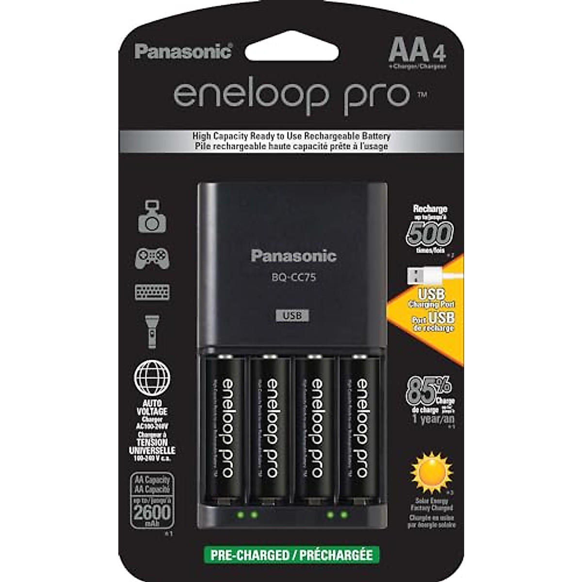 Panasonic K-KJ75KHC4BA Advanced Battery Charger with USB Charging Port and 4AA eneloop pro High Capacity Rechargeable Batteries