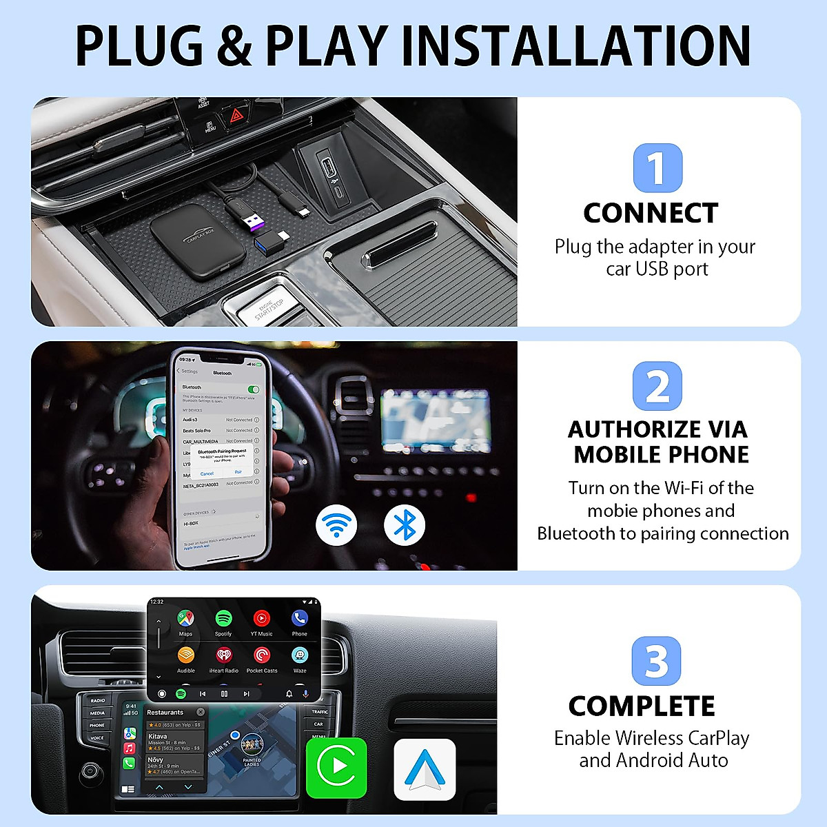 4 in 1 Wireless Carplay & Android Auto Wireless Adapter - Magic CarPlay Ai Box Streaming Video Fits Netflix/YouTube/TF Card, CarPlay Wireless Adapter for Wired CarPlay AA Cars USB Card Reader Writer