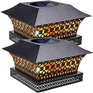 SIEDiNLAR Solar Post Lights Outdoor Fence Deck Cap Light Solar Powered Metal Warm White LED Lighting Waterproof for Garden Patio Decoration 4x4 5x5 Wooden Posts Black (2 Pack)