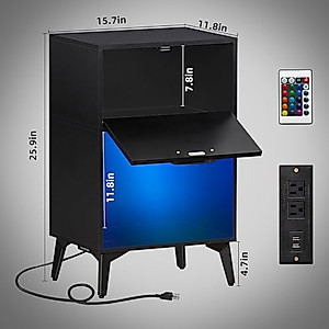 Lerliuo Nightstand with Charging Station and Led Lights, Night Stand with USB Ports and Outlets, Modern Bedside Table with Drawer and Storage Shelf, Black Smart Side Tables for Bedroom