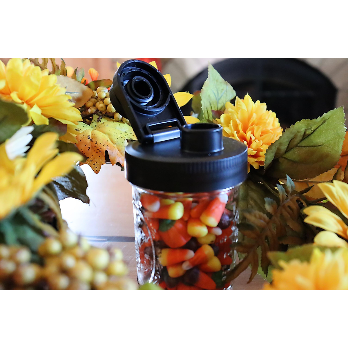 Brewing America Creamer Jar with Pouring Lid, 1 Pint (16 oz) Wide Mouth Ball Mason Jar with Black Pour Lid, for Milk, Sugar, and Cream, 1-Pack (Black)