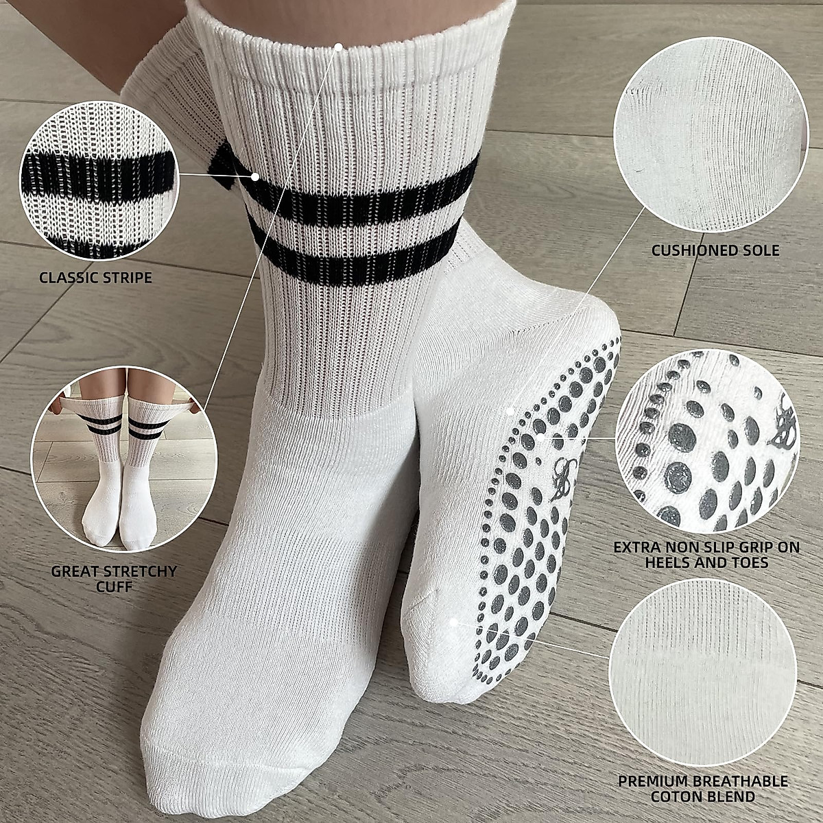 JCZANXI Yoga Socks with Grips for Women, Non Slip Socks for Yoga, Pilates, Barre, Dance | Ideal Cushioned Crew Socks (Stripe Black/White)