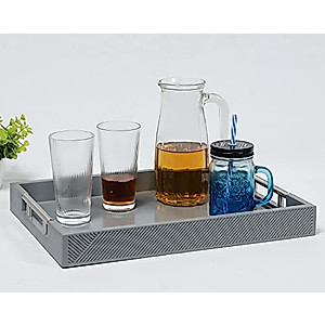 Serving Tray with Polished Metal Handles, 16.5''x12'' Rectangle Coffee Table Tray, Modern Decorative Tray, Large Ottoman Tray, Perfect for Storage and Display (Grey)