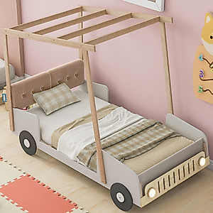 Harper & Bright Designs Twin Size Kids Car Bed with Pillow, Ceiling Cloth and LED Light, Twin Playhouse Bed Frame, Kids Canopy Bed, Wood Twin Platform Bed for Kids Boys Girls Teens (Natural, Twin)