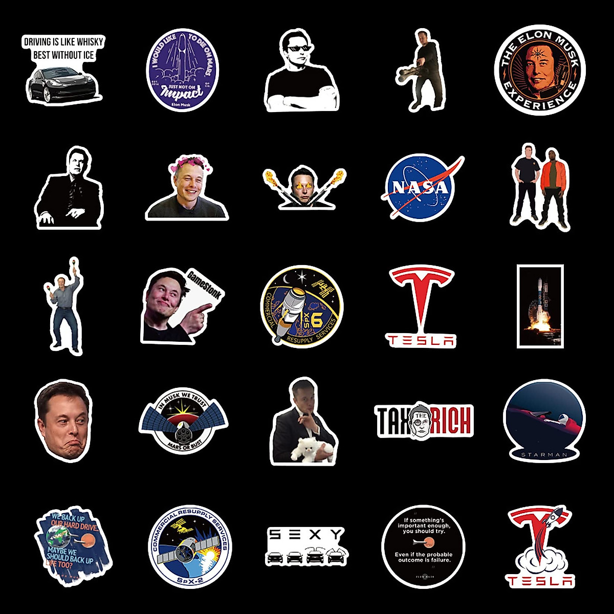 N&S [FOCUS's Stickers]100Pcs Elon Musk Stickers for Laptop Cellphone Water Bottle Hydro Flask Skateboard Luggage Car Bumper, etc FJKT, FS028