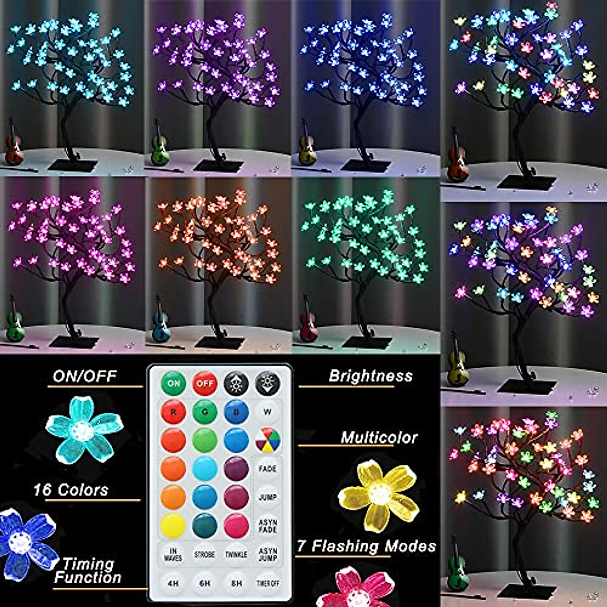 Pooqla 18 Inch 48 LED RGB Cherry Blossom Tree Light with Remote 16 Color-Changing LED Artificial Flower Bonsai Tree Table Top Lamp Home Lit Tree Centerpieces Christmas Mother's Day Gift Decoration