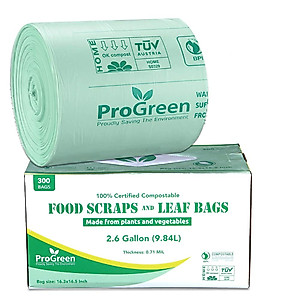 ProGreen Compostable Bags 2.6 Gallon, 300 Count, Extra Thick 0.71 Mil, Small Compost Kitchen Trash Bags, Food Scraps Yard Waste Bags, Compost ASTM D6400 BPI and TÜV AUSTRIA Certified
