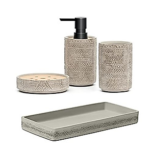 Grey Bathroom Accessories Set, Includes Ceramic Bathroom Soap Dispenser, Toothbrush Holder, Soap Dish and Concete Tray