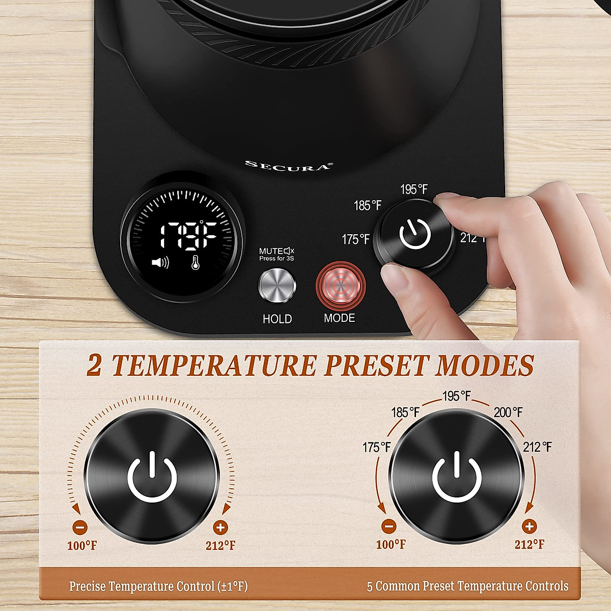 Secura Electric Gooseneck Kettle, Quick Boiling Electric Kettle with 5 Variable Presets for Coffee Tea Brewing, 100% Stainless Steel Inner Tea/Coffee Kettle with 1.5H Keep Warm,1200W-0.8L, Matt Black