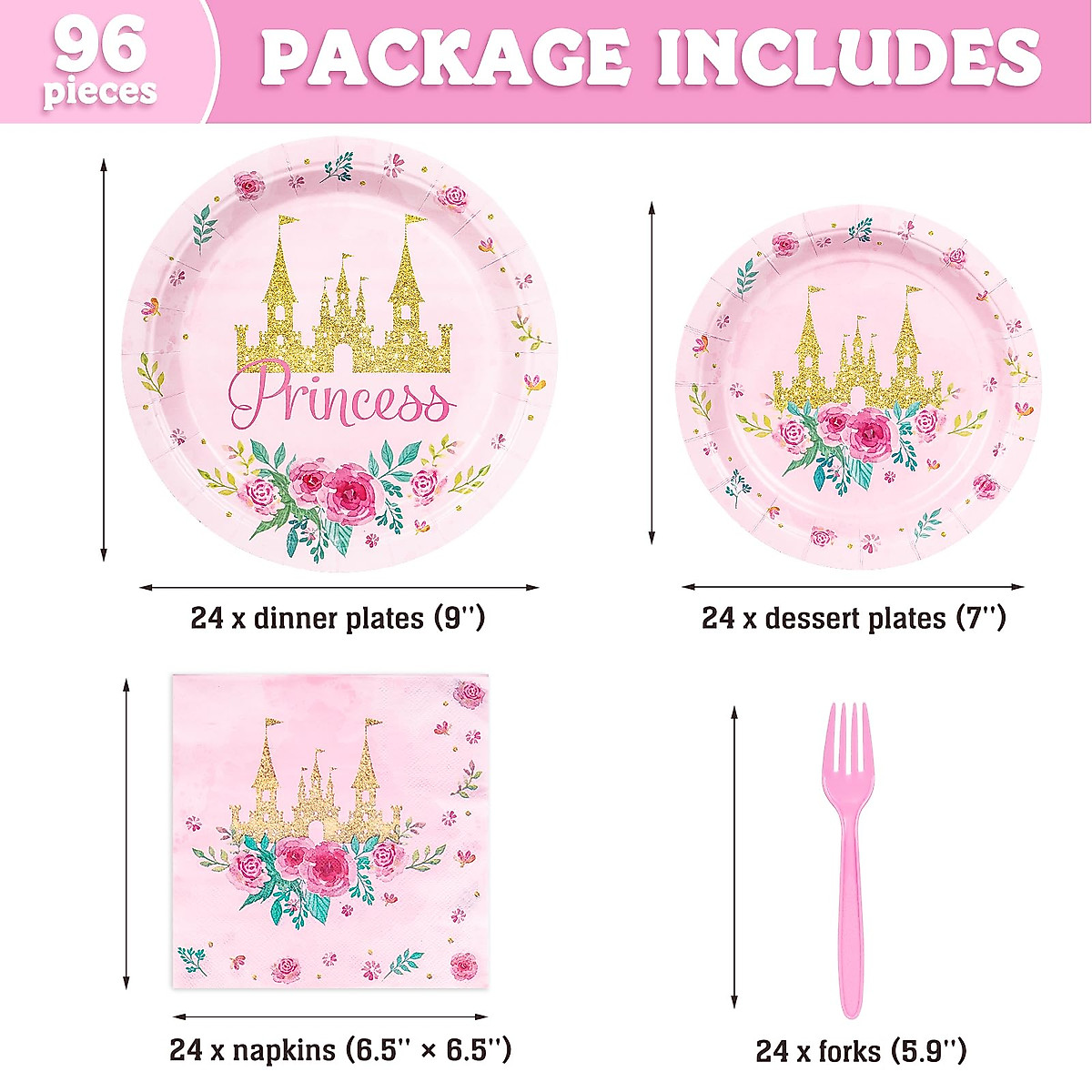 DECORLIFE Princess Party Supplies Serve 24, Princess Party Plates and Napkins for Girls Birthday, Baby Shower, Total 96PCS