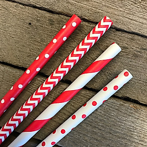 Paper Drinking Straws - Red and White - Christmas Valentine Birthday Party Supply - Stripe Chevron Polka Dot - 7.75 Inches - 100 Pack Outside the Box Papers Brand