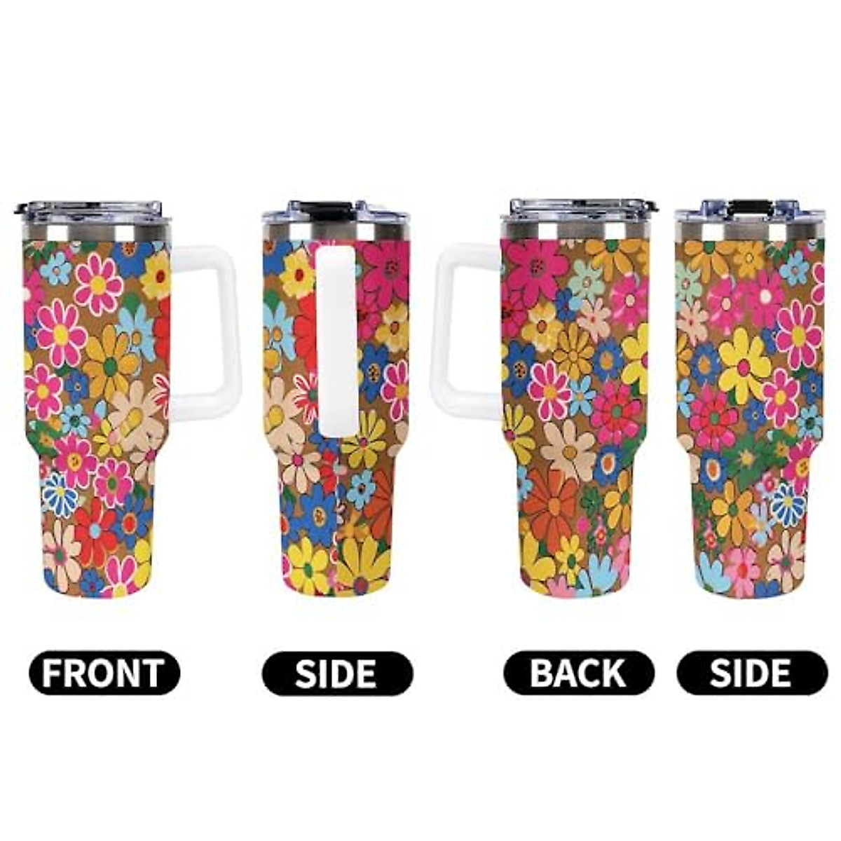 ADASGHBY Large Capacity Car Cup with Straw Lid Bright Flower Style Leakproof Insulated Stainless Steel Tumbler Fits in Car Cup Holder