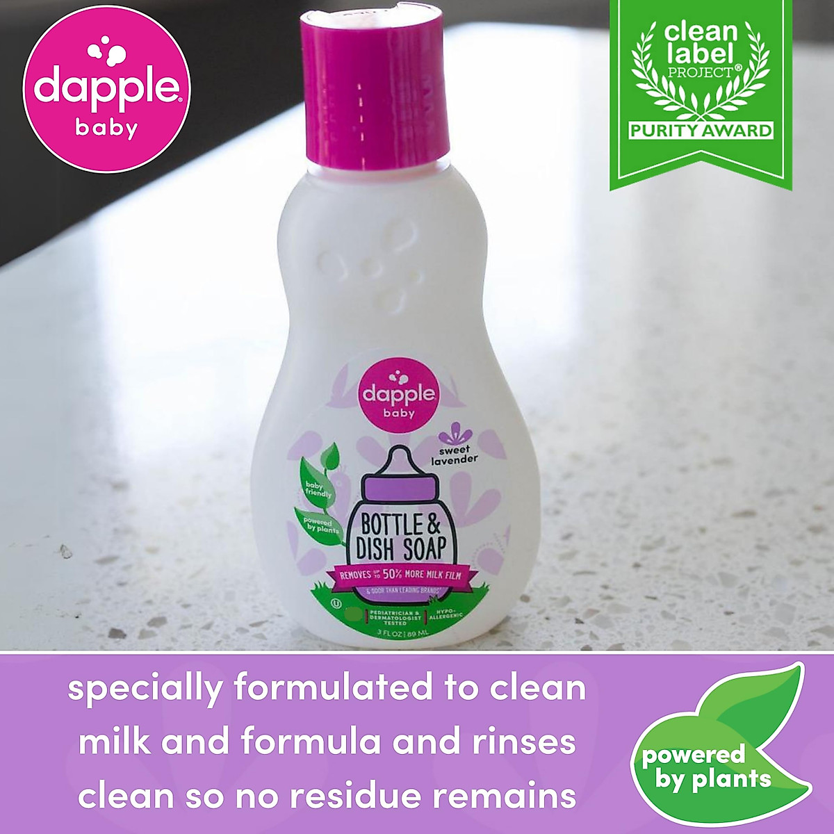 Dapple Baby Bottle Soap, Hypoallergenic Dish Soap for Baby Bottles, Powered by Plants, Travel Size, Lavender, 3 Fl Oz (Pack of 1)