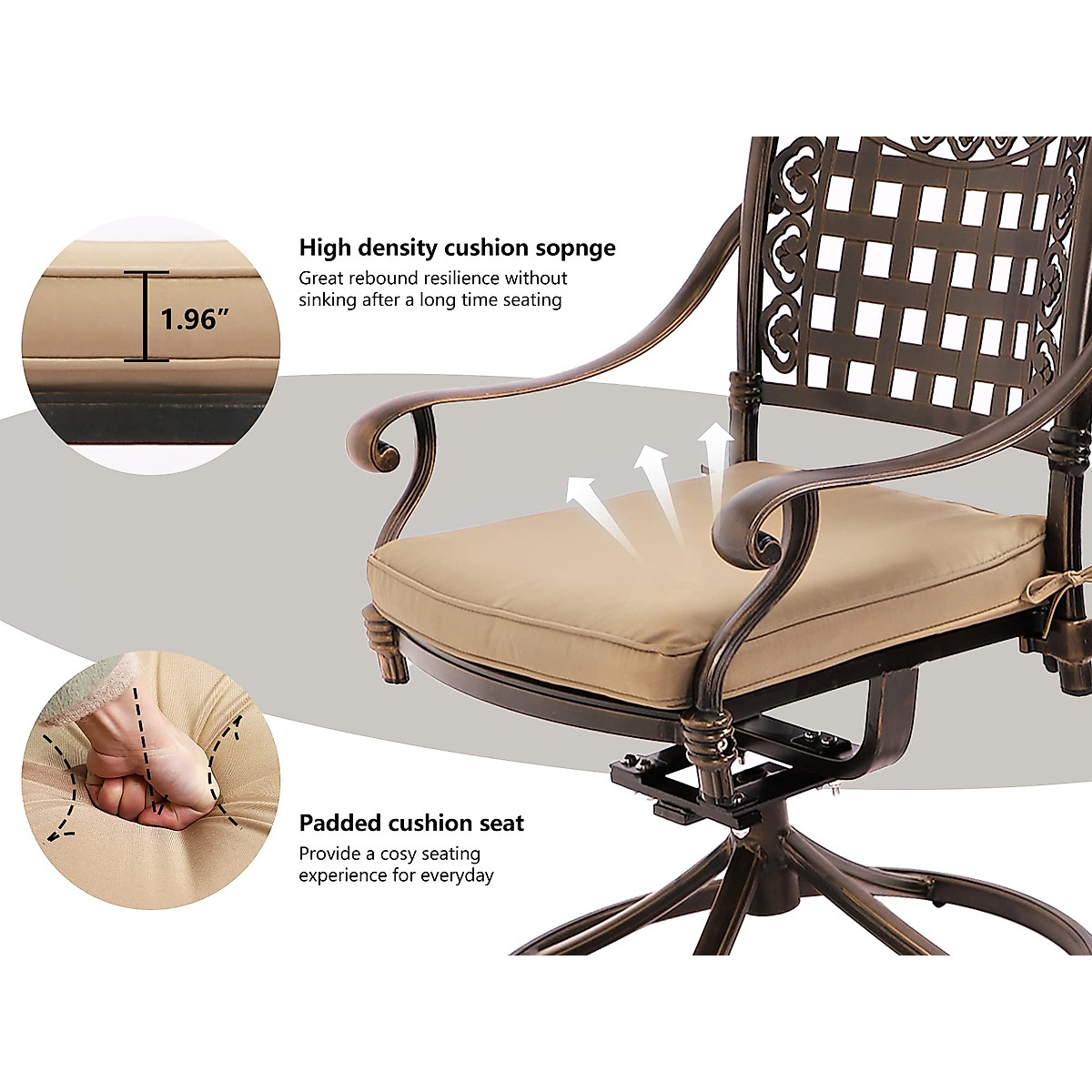 Grepatio 5 Piece Outdoor Dining Set Cast Aluminum Patio Dining Set Table and Chairs Outside Furniture 4 Mesh Swivel Chairs with Khaki Cushion and 1 Umbrella Round Dining Table for Lawn Garden Patio