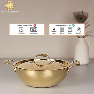 Swadeshi Blessings Exclusive Range Brass Kadai for Cooking with Lid/Teflon-Free/Naturally Non-Stick Brass Utensils with Tin Coating (2 Litres)