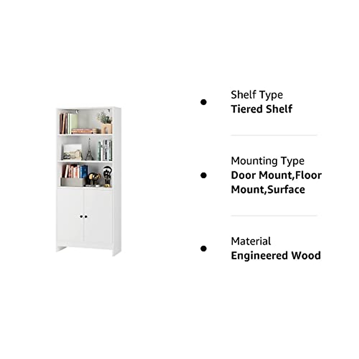 SHUANGZ 3 Tier Bookcase with Doors, 27.5 x 11.8 x 65.7 Inch Storage Organizer Cabinet with 3 Open Shelves, Tall Book Shelf Free Standing Floor Cabinet for Home Office, White