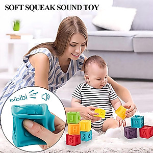 Kingtree Baby Blocks (Set of 12), Soft Silicone Building Blocks Squeeze Stacking Toys for 6 Months and Up Infants, Colorful Early Educational Puzzle Toy with Numbers Animals Shapes Textures