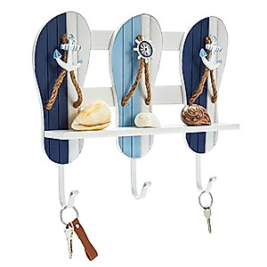 Okuna Outpost Nautical Hooks with Shelf, Decorative Beach Slippers, Wall Hanging Decor with 3 Hooks (13 x 3 x 11 Inches)