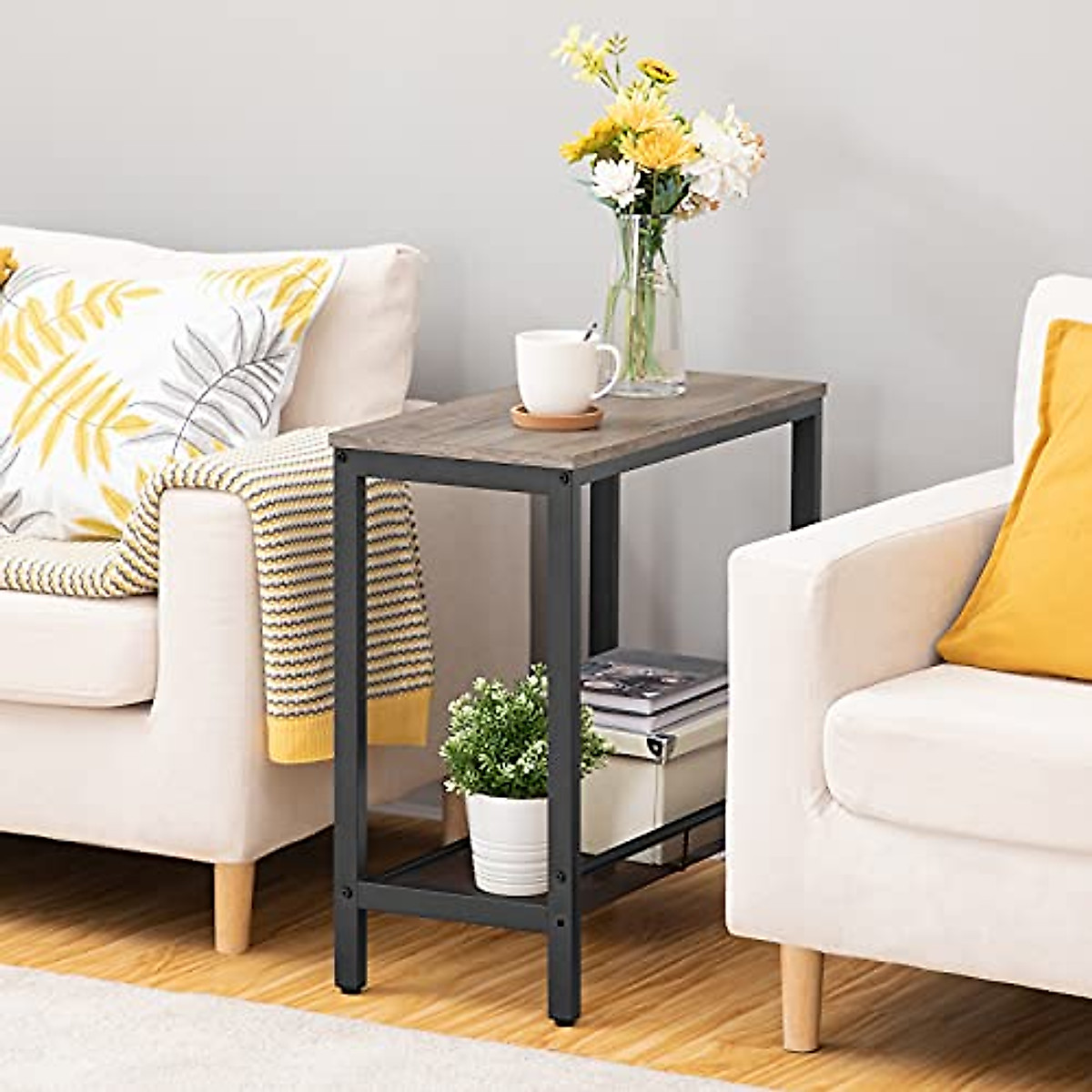 HOOBRO Side Tables, Set of 2 Narrow Nightstands, Industrial End Table with Flat or Slant Adjustable Mesh Shelf for Small Spaces, Stable Metal Frame and Easy Assembly, Greige and Black BG24BZ01