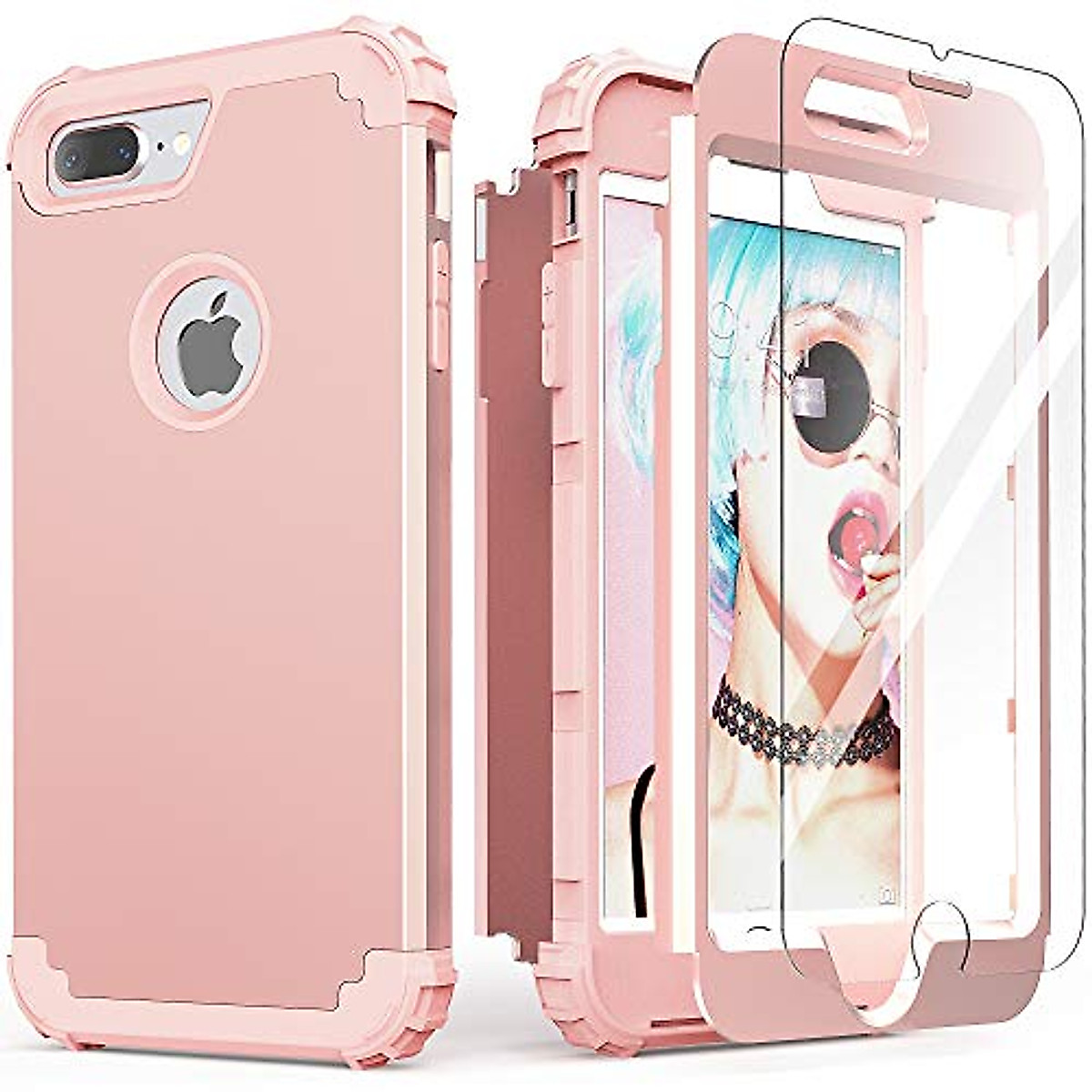 IDweel iPhone 8 Plus Case, iPhone 7 Plus Case with Tempered Glass Screen Protector, 3 in 1 Shockproof Hybrid Heavy Duty Protection Hard PC Cover Soft Silicone Bumper Full Body Durable Case, Rose Gold