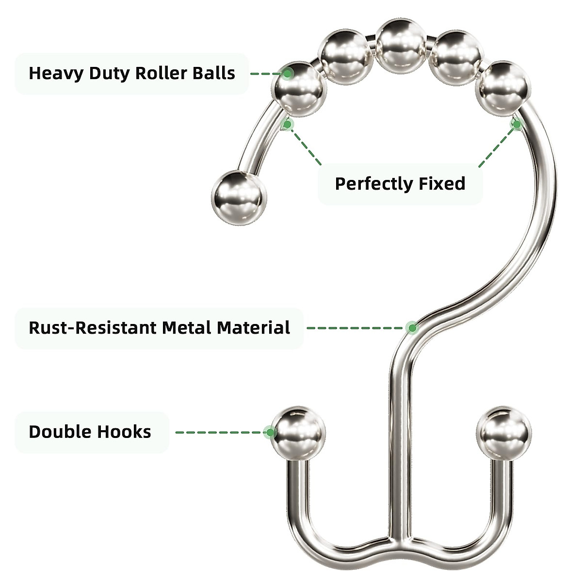 Amazer Shower Curtain Rings, Rust-Resistant Metal Double Shower Hooks for Curtain Rolling Shower Curtain Hooks Rings Shower Rings for Bathroom Shower Curtain Rod , Nickel, Set of 12 Rings