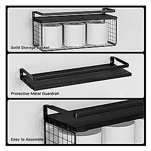 WXCGX Floating Shelves, Rustic Floating Shelves Wood Over Toilet with Paper Storage Basket, Farmhouse Wall Mounted Shelves Floating Shelf for Bathroom Bedroom Wall Decor Living Room Kitchen (Black)