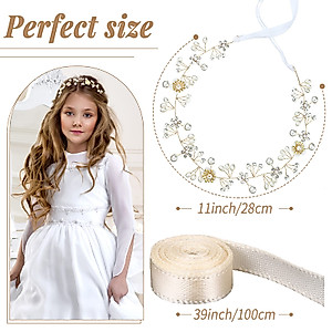 3 Pieces Headpiece Pearl Bridal Headband for Flower Girl Hair Accessory Rhinestone Princess Crown Cute Wedding Hair Accessories for Kids Girls Vine Hair Band, Gold