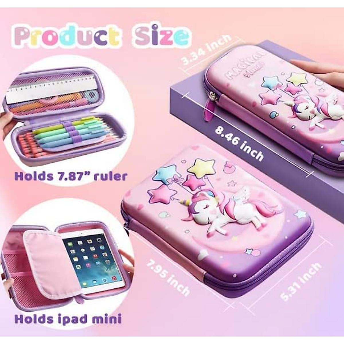 Unicorn Pencil Case, Cute Large Capacity Pen Box for Girls, 3D EVA Stationery Bag Pink Pencil Pouch Organizer with Compartments, Anti-Shock School Supplies Multi-Compartment for Kids Students (MOON L)