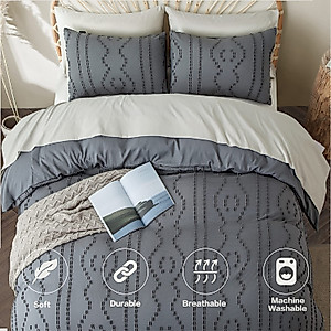 BEDAZZLED Duvet Covers King Size,3pcs Soft and Embroidery Shabby Chic Boho Bedding Sets,100% Washed Microfiber Tufted Comforter Cover Set,Dark Grey