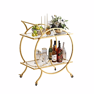 LORMITER Gold Bar Carts for The Home Bar Serving Cart, Rolling Bar Cart Gold with Lockable Caster Wheels, Glass Bar Carts with 2 Mirrored Shelves, Storage Round Wine Carts for Kitchen, Party