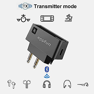 eppfun AK3046E Wireless Transmitter for use on Airplanes, Low Latency Bluetooth 5.0 Audio 3.5mm Jack Adapter for Connecting Wireless Headphones/Earbuds
