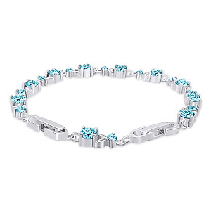 AFFY 14k White Gold Over Sterling Silver Leaf Shape Tennis Bracelet Round Shape Simulated Aquamarine 7.25"