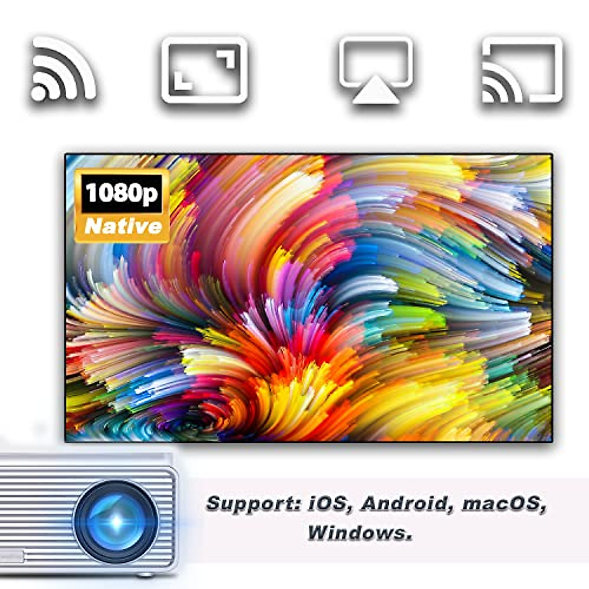 Native 1080P WiFi Projector, ERISAN 5G Wi-Fi Full HD Video Projector, Support iOS/Android Mac Sync Screen, 300" Display for Home Business, Compatible w/HDMI, VGA, USB, PC, DVD, White, S50W