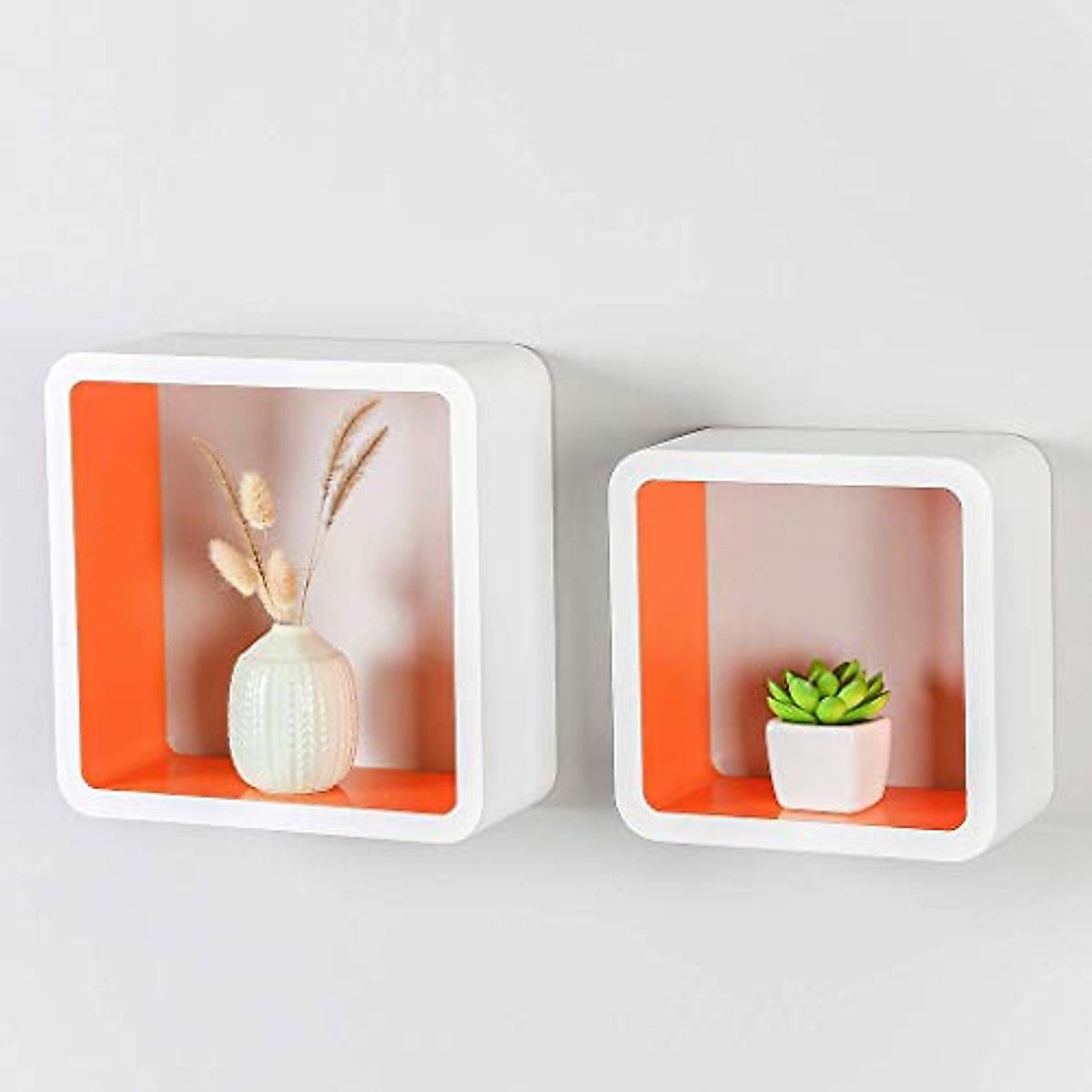Homewell Set of 2 Cube Floating Shelves, Wood Wall Shelves for Home Decoration, Storage Display Rack, White+Orange.