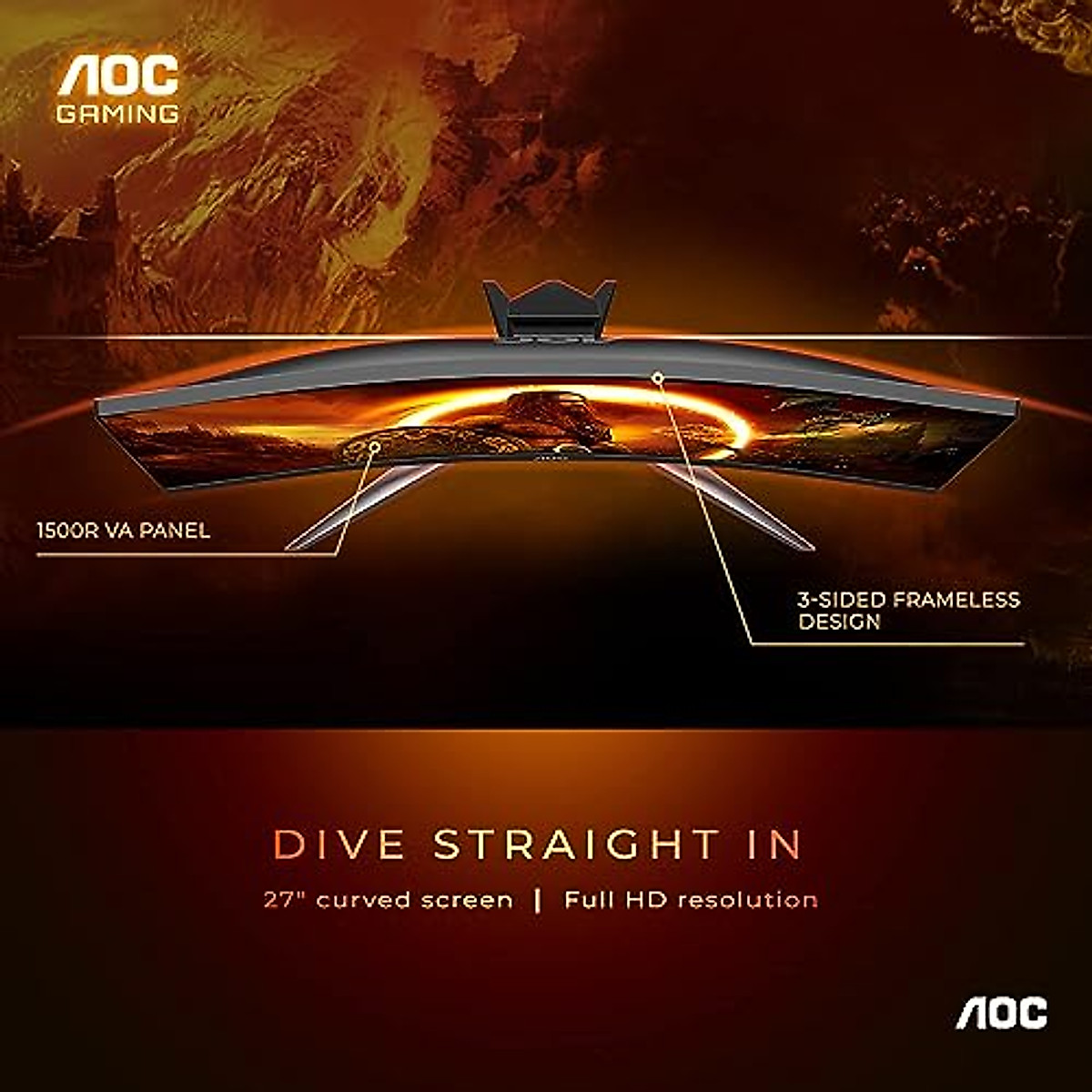 AOC C27G2Z 27" Curved Frameless Ultra-Fast Gaming Monitor, FHD 1080p, 0.5ms 240Hz, FreeSync, HDMI/DP/VGA, Height Adjustable, 3-Year Zero Dead Pixel Guarantee, Black, Xbox PS5 Switch