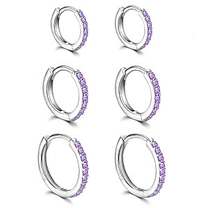 925 Sterling Silver Post Small Hoop Earrings Cubic Zirconia Huggie Hoop Earrings,3 Pairs 14K White Gold Plated Cartilage Piercing Earrings Ear Cuff Tiny Hoop Earrings for Women Men 8mm 10mm 12mm,