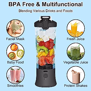 Portable Blender for Shakes and Smoothies 20 Oz, Waterproof Personal Blender USB Rechargeable with 6 Blades and Travel Lid for Kitchen, Office, Gym & Travel (Carbon Black)