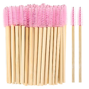 100 Pcs Disposable Mascara Wands, Bamboo Spoolies Brush for Eyelash Extensions, Spooly Eyelash Eyebrow Brushes Lash Wand Applicator Makeup Kits, Pink