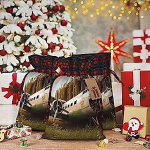 Christmas Gift Bags with Drawstring Burlap Gift Bags Abandoned Plane Christmas Linen Bags for Xmas Party Candy Bags with Cards Xmas Reusable Wrapping Bags Christmas Linen Treat Bags for Holiday