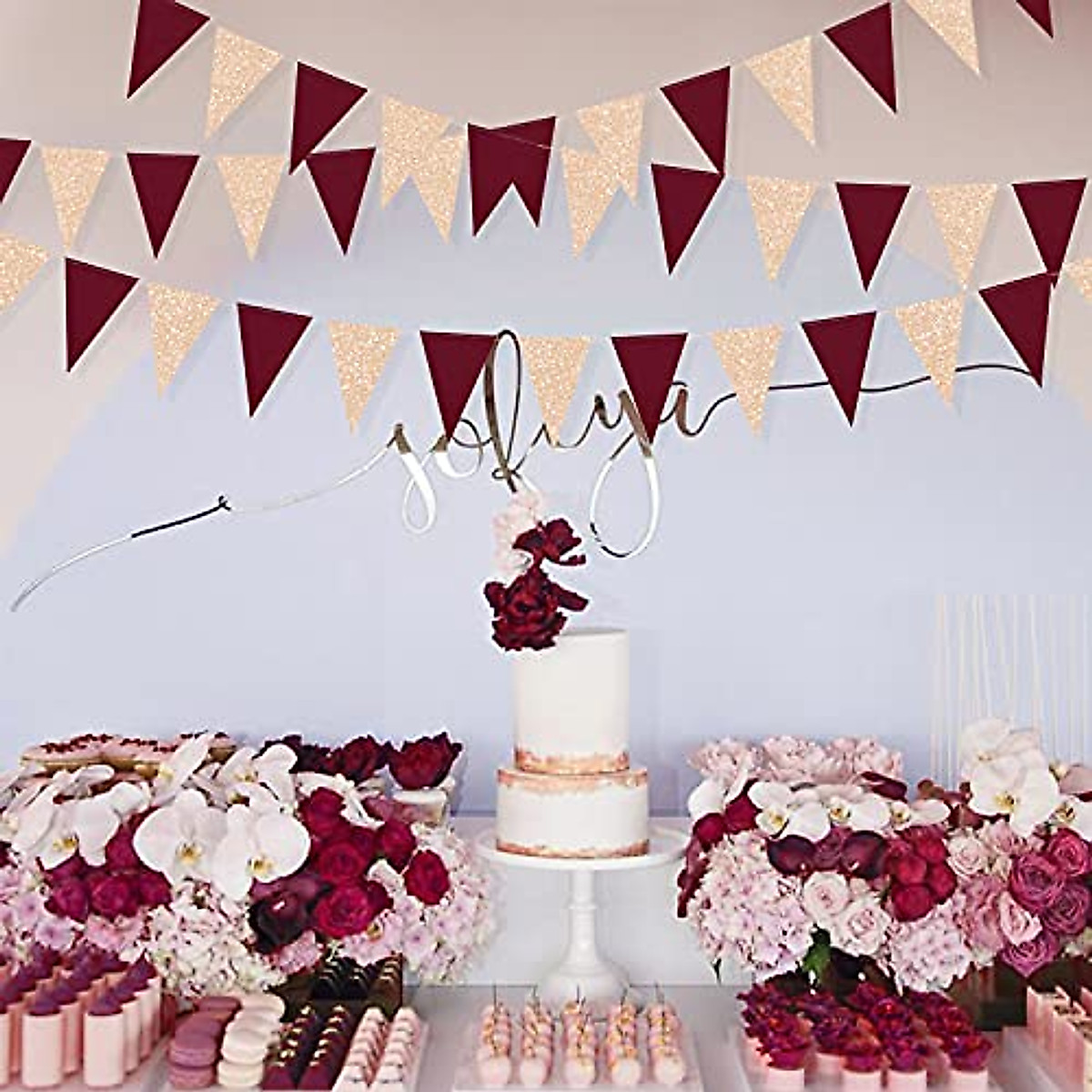 30 Ft Burgundy Party Decorations Champagne Gold Burgundy Triangle Banner Flag Bunting Pennant for Engagement Anniversary Wedding Bridal Baby Shower Birthday Bachelorette Hen Party Decorations supplies