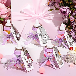 Sunnyray 72 Pcs Baby Shower Bottle Favors 24 Baby Mini Milk Bottles 24 Baby Footprint Keychain Bottle Opener 24 Thanks Tags Party Favors Gift for Girl Boy Baby Shower Decorations (Purple, Silver)