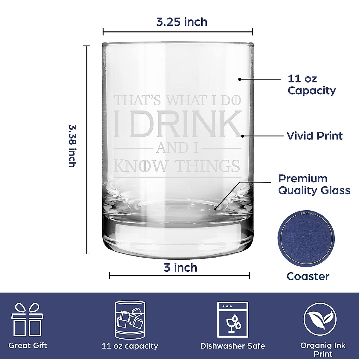 I Drink and I Know Things Funny Premium Whiskey Glasses for Men, Women, Adults, Personalized Drink Glass Birthday Gifts for Friends, Mom, Dad, Man, Coworkers, Unique Gifts for Him, Friends, 11 oz